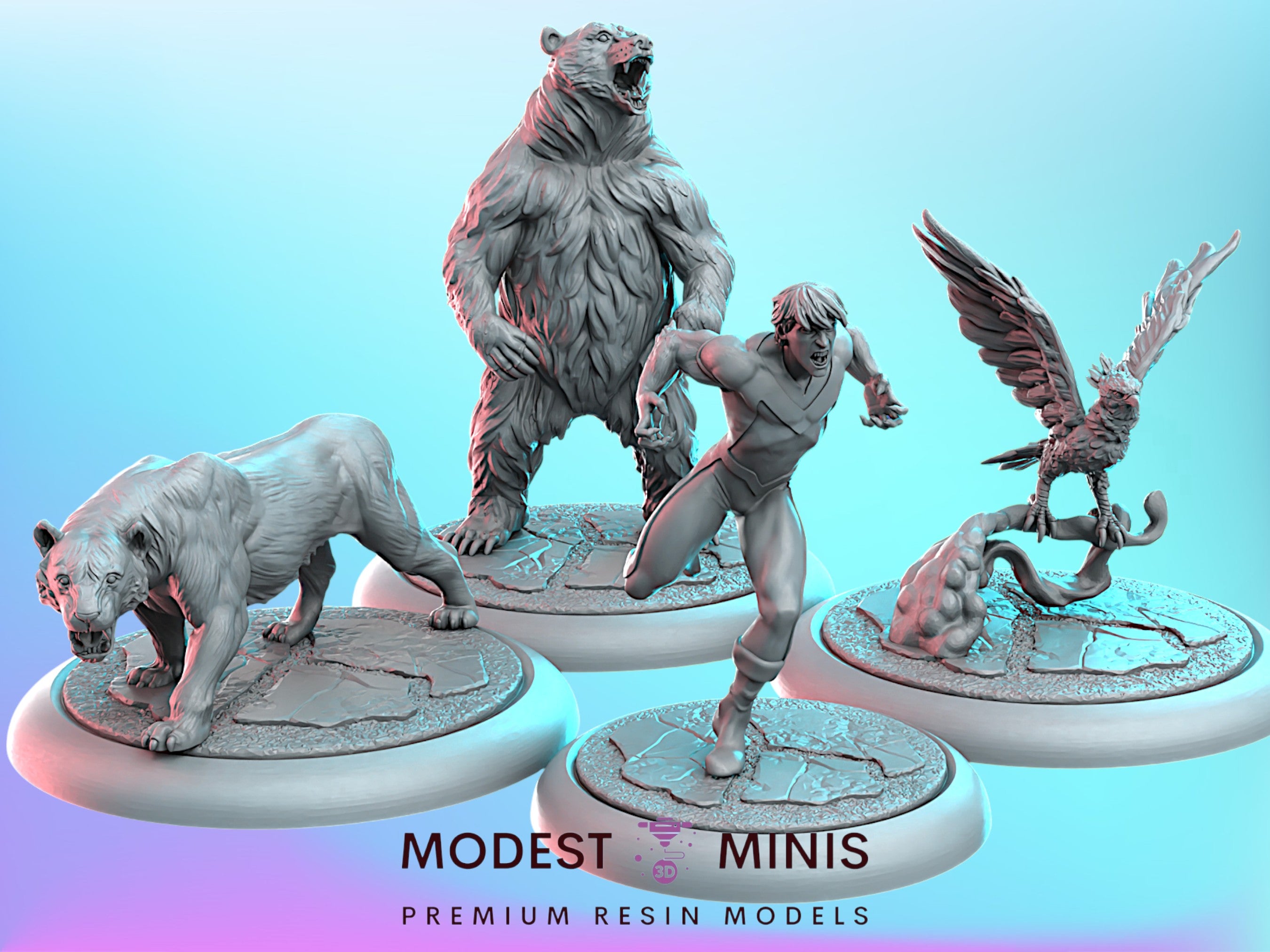 3D printed 40mm superhero MCP miniatures from Modest Minis Studio