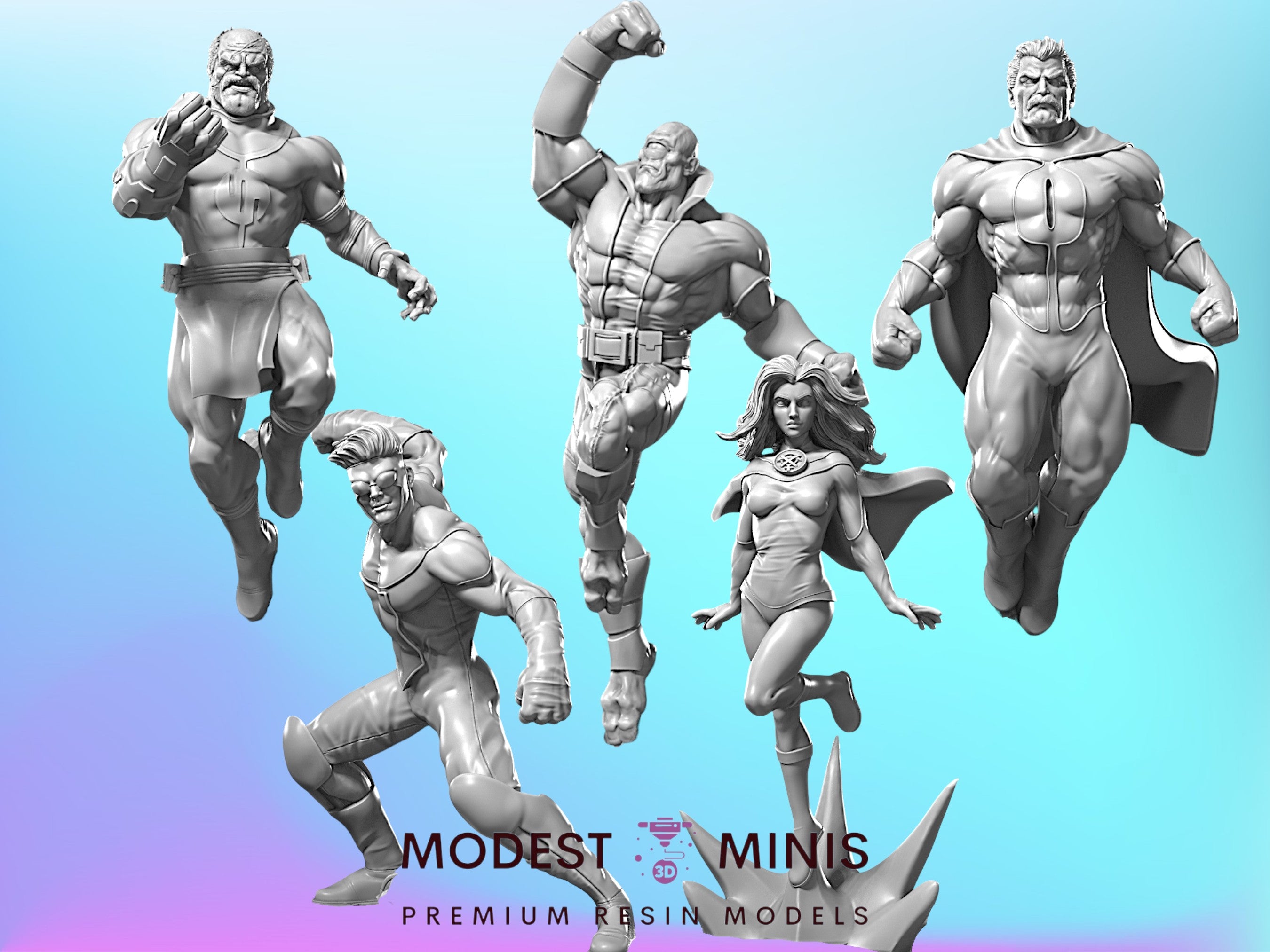 3D printed 40mm superhero MCP miniatures from Modest Minis Studio